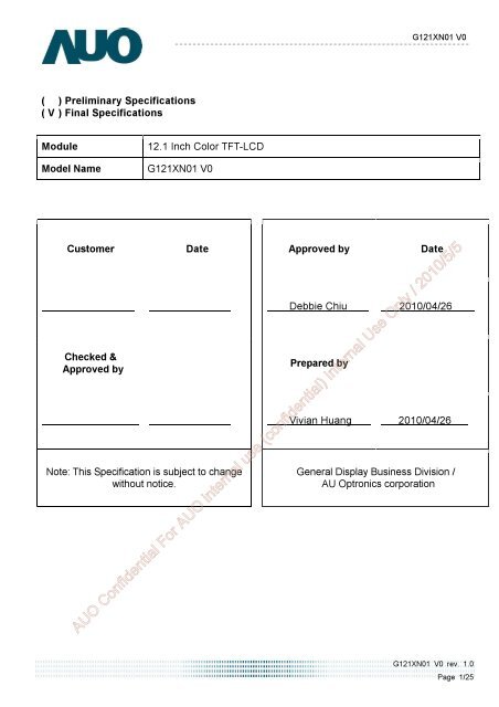 AUO Confidential For AUO internal use (confidential) Internal Use Only