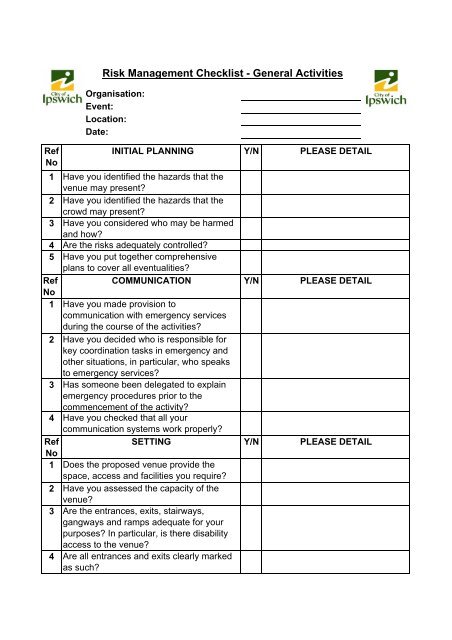 Risk Checklist-General Activities - Ipswich City Council