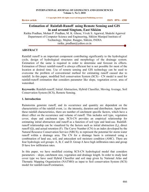 Estimation Of Rainfall Runoff Using Remote Sensing And Gis In