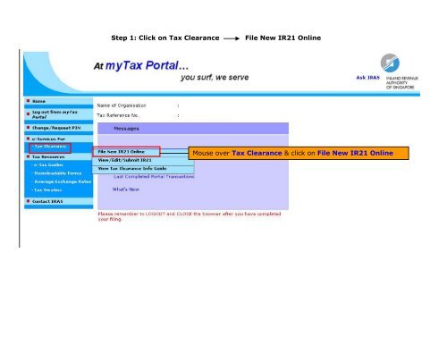 Step 1: Click on Tax Clearance File New IR21 Online Mouse ... - IRAS