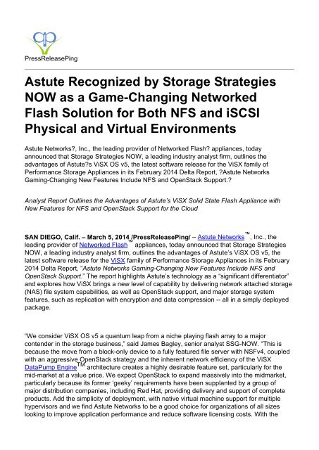 Astute Recognized by Storage Strategies NOW as a Game-Changing Networked Flash Solution for Both ...