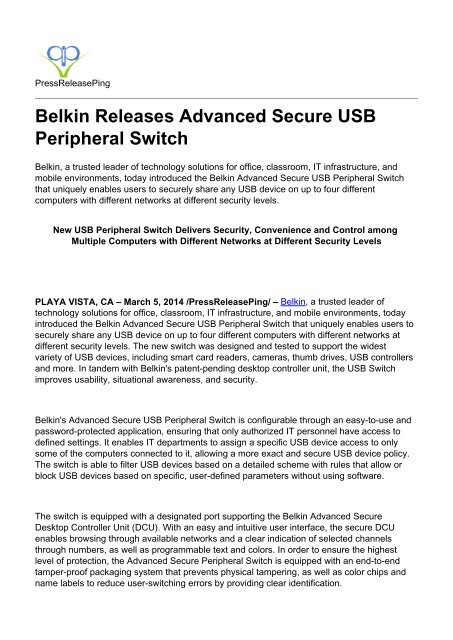 Belkin Releases Advanced Secure USB Peripheral Switch