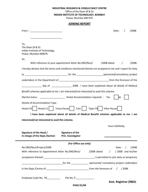 JOINING REPORT Asst Registrar R D Indian Institute Of joining-report-asst-registrar-r-d-indian-institute-of