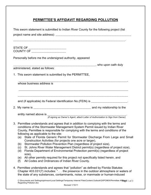 permittee's affidavit regarding pollution - Indian River County