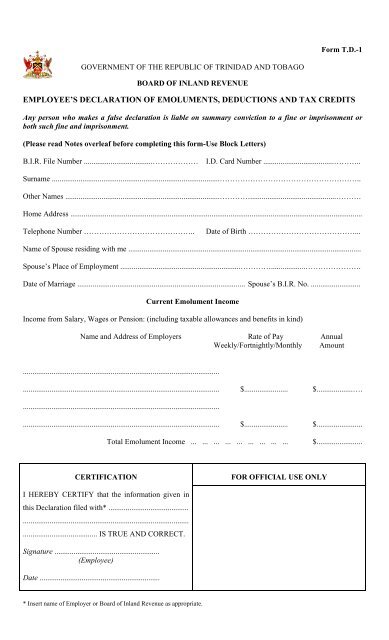 employee's declaration of emoluments, deductions and tax credits