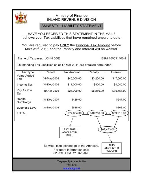 LIABILITY STATEMENT - Inland Revenue Division