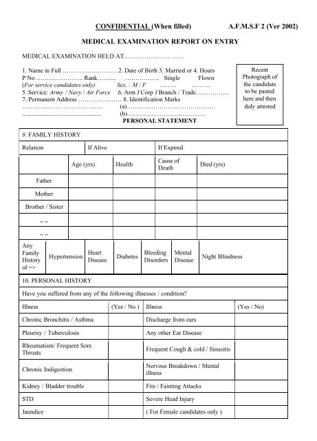 CONFIDENTIAL (When filled) A.F.M.S.F 2 (Ver 2002) MEDICAL ...