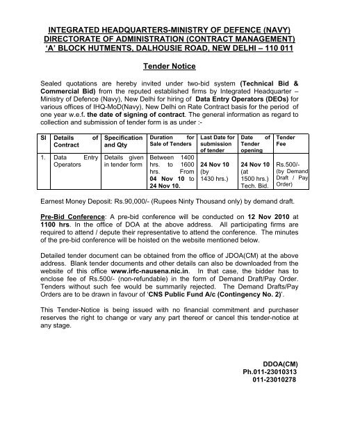 Hiring of data entry operators for various offices of IHQ-MoD(Navy)