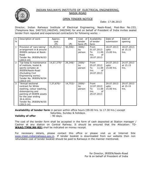 indian railways institute of electrical engineering, nasik-road open ...