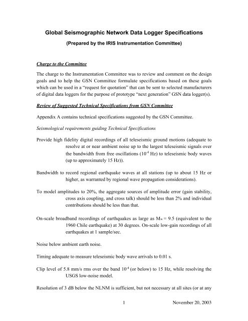 Global Seismographic Network Data Logger Specifications - IRIS