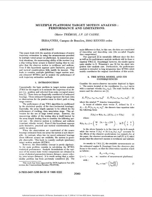 MULTIPLE PLATFORM TARGET MOTION ANALYSIS ... - Irisa