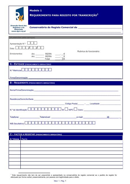 Modelo 1 - Requerimento para Registo por transcriÃ§Ã£o - Instituto dos ...