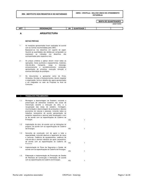 Mapa de quantidades em PDF - Instituto dos Registos e Notariado