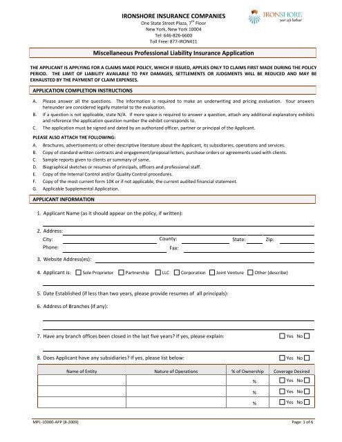 Miscellaneous Professional Liability Insurance Application - Ironshore