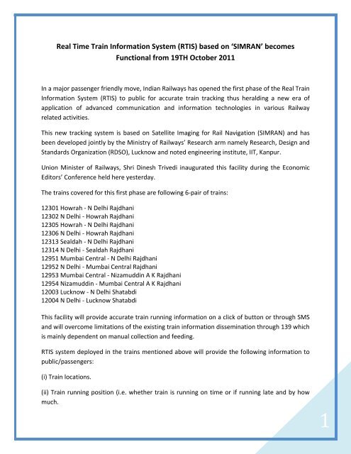 Real Time Train Information System (RTIS) based on ... - Irtsa.net