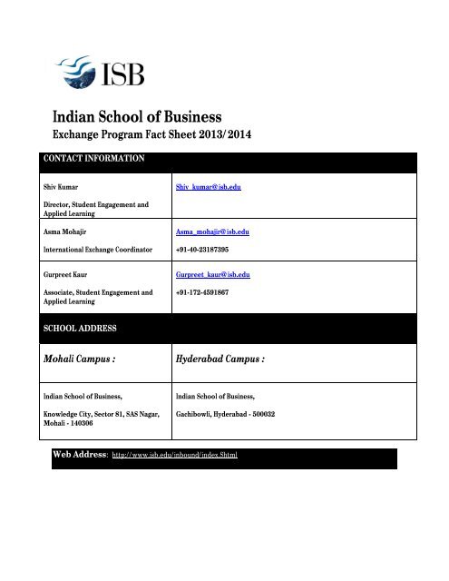 ISB Fact Sheet - Indian School of Business