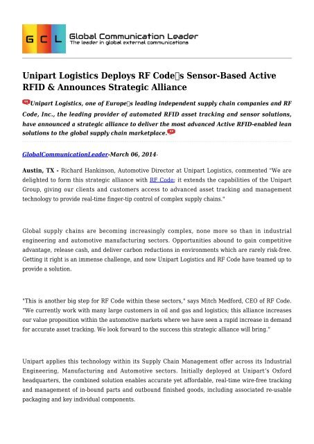 Unipart Logistics Deploys RF Code's Sensor-Based Active RFID