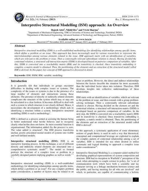 Interpretive Structural Modelling Ism Approach An Overview Isca