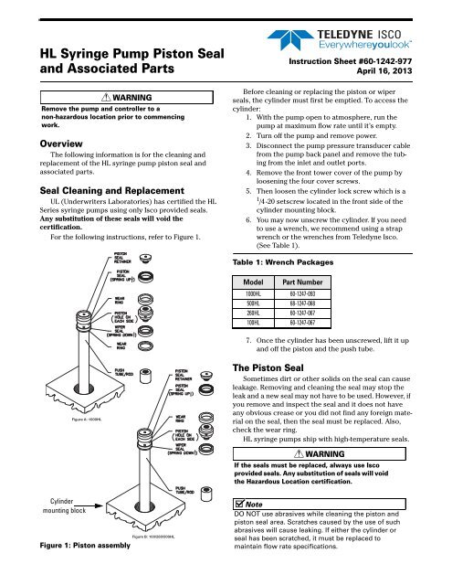 HL Pump Piston Seal and Parts Instruction Sheet - Isco
