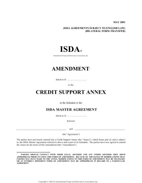 Form of Amendment to 1995 ISDA Credit Support Annex