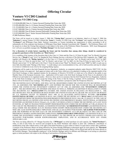 Offering Circular Venture VI CDO Limited - Irish Stock Exchange