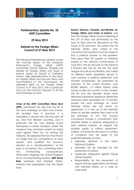 AFET Committee of 29 May 2013 - ISIS Europe