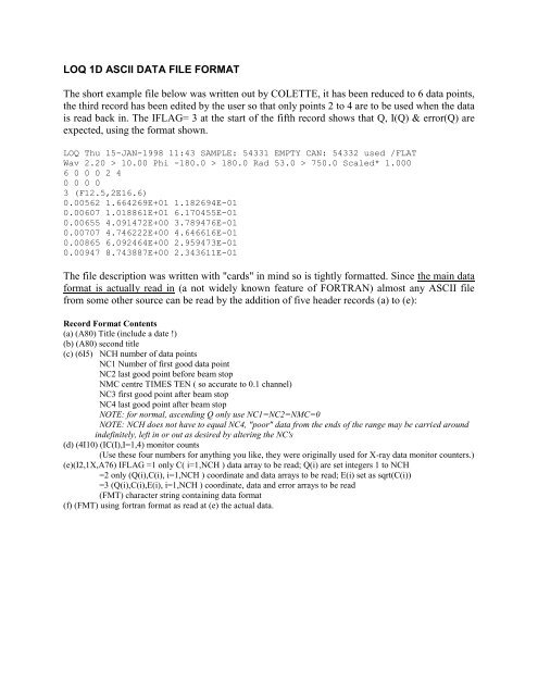 COLETTE ASCII File Format Descriptions - ISIS