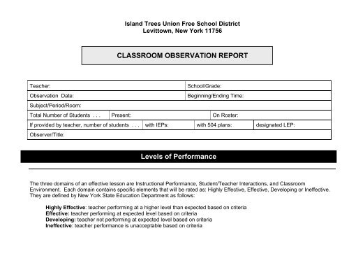 Classroom observation report - Island Trees Public Schools
