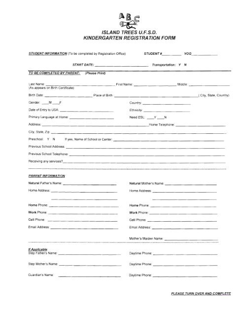 Kindergarten Registration Form - Island Trees Public Schools
