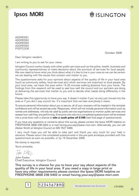 Place Survey Questionnaire 2008 - Islington Council