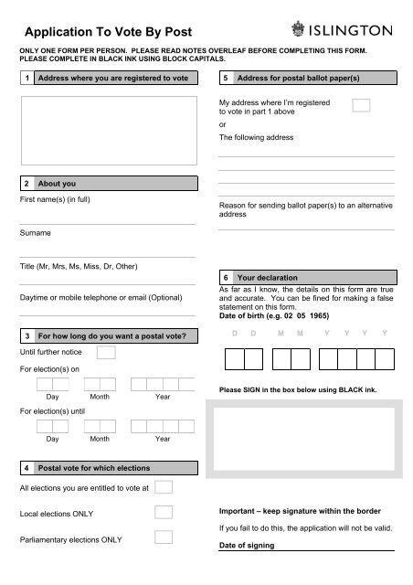 Postal Vote Application Form