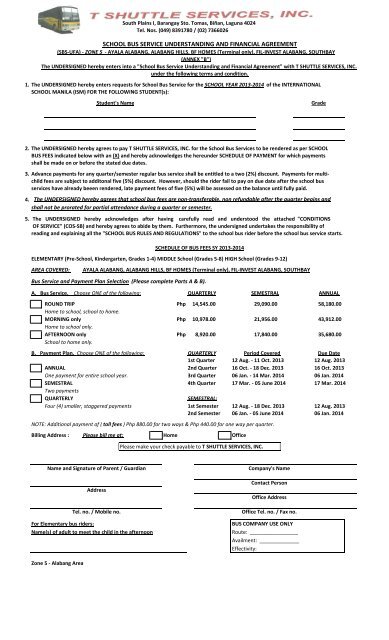 school bus service understanding and financial agreement