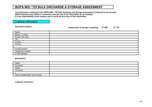 ISOPA MDI / TDI BULK DISCHARGE & STORAGE ASSESSMENT