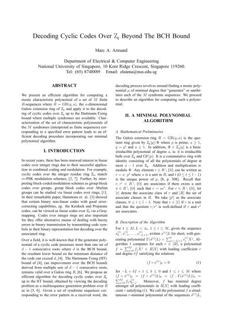 Decoding Cyclic Codes Over Zq Beyond The BCH Bound - ISPLC