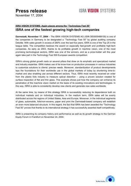 Press release - ISRA VISION AG