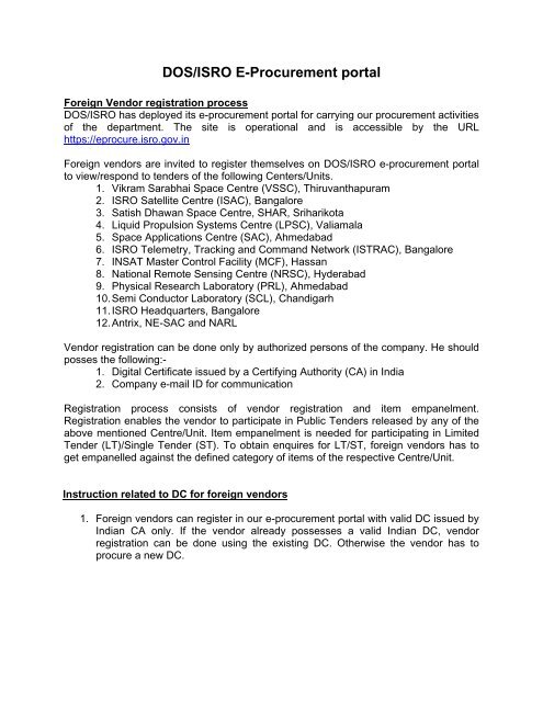Foreign Vendor Registration Process - E-Procurement Portal - ISRO