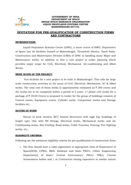 invitation for pre-qualification of construction firms and ... - ISRO