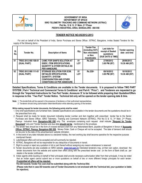 TENDER NOTICE NO.05/2012-2013 - ISRO