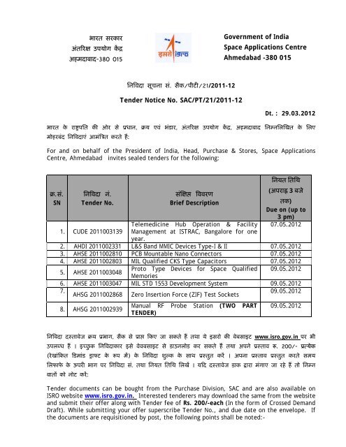 380 015 Tender Notice No. SAC/PT/21/2011-12 - ISRO