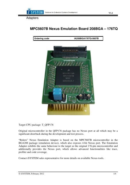 MPC5607B Nexus Emulation Board 208BGA â 176TQ - iSYSTEM