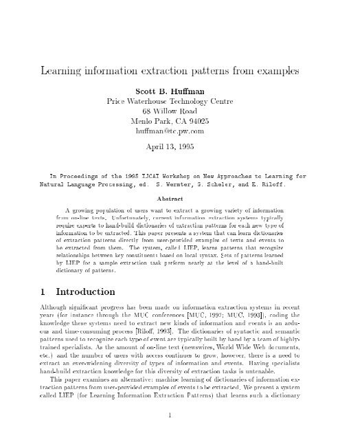 Learning Information Extraction Patterns From Examples 1 Introduction 0832