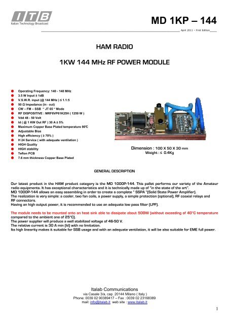 HAM RADIO 1KW 144 MHz RF POWER MODULE - Italab