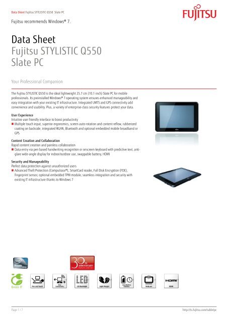 Data Sheet Fujitsu STYLISTIC Q550 Slate PC - Italcode