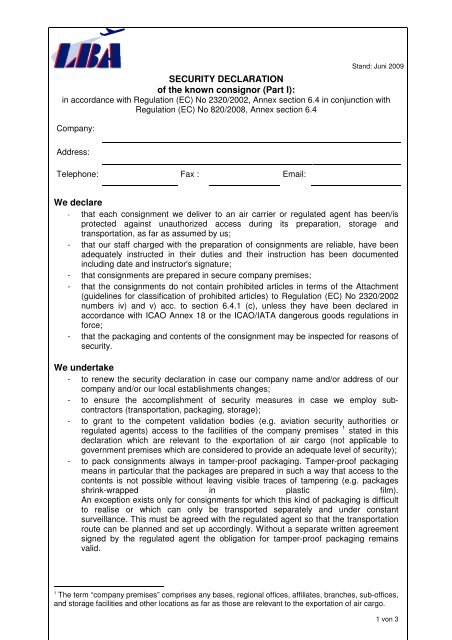 SECURITY DECLARATION of the known consignor (Part I): We ...