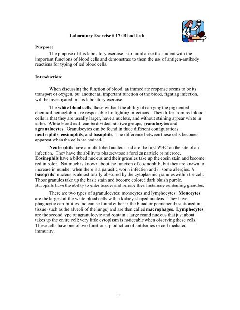 Laboratory Exercise # 17: Blood Lab Purpose: The purpose of this ...