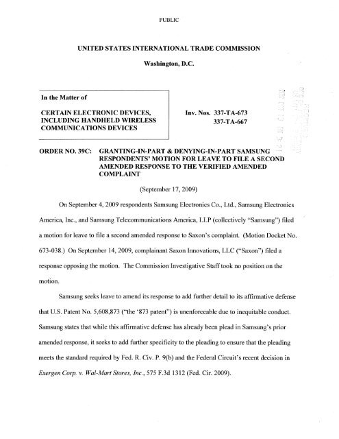 UNITED STATES INTERNATIONAL TRADE ... - ITC 337 Update