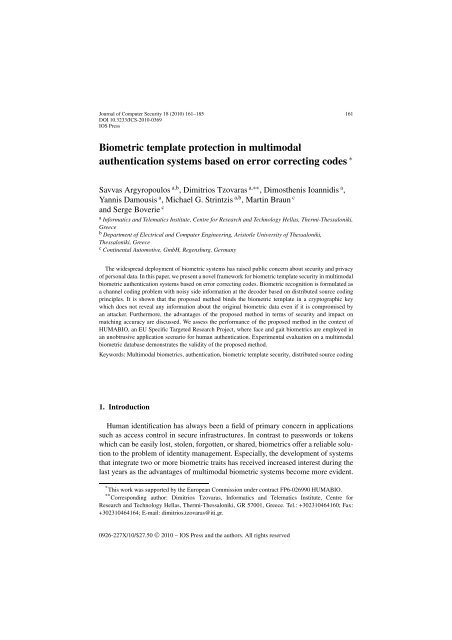Biometric Template Protection In Multimodal Ios Press
