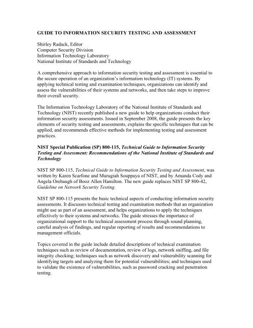 Guide to Information Security Testing and Assessment - NIST ...