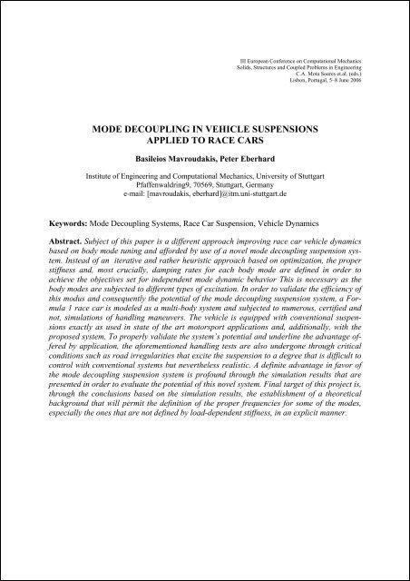 mode decoupling in vehicle suspensions applied to race cars