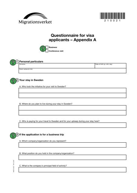 Questionnaire for visa applicants - Appendix A ... - Migrationsverket
